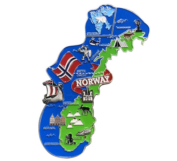 Magnet i metall, norgeskart med Svalbard - Brødrene Flaarønning